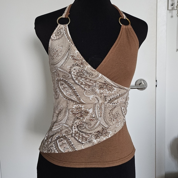 D.I.A | Tops | Dia Gyaru Brown Paisley Halter Backless Gold O Ring Wrap ...